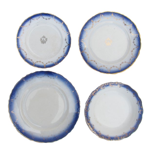 Antique Flow Blue Transferware Collection C.1900s, Set of 4 | Chairish