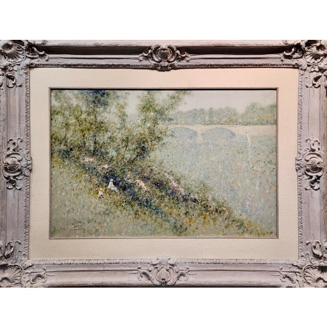 Andre Gisson-Women by the Seine Overlooking the Bridge-Pointillist Oil ...