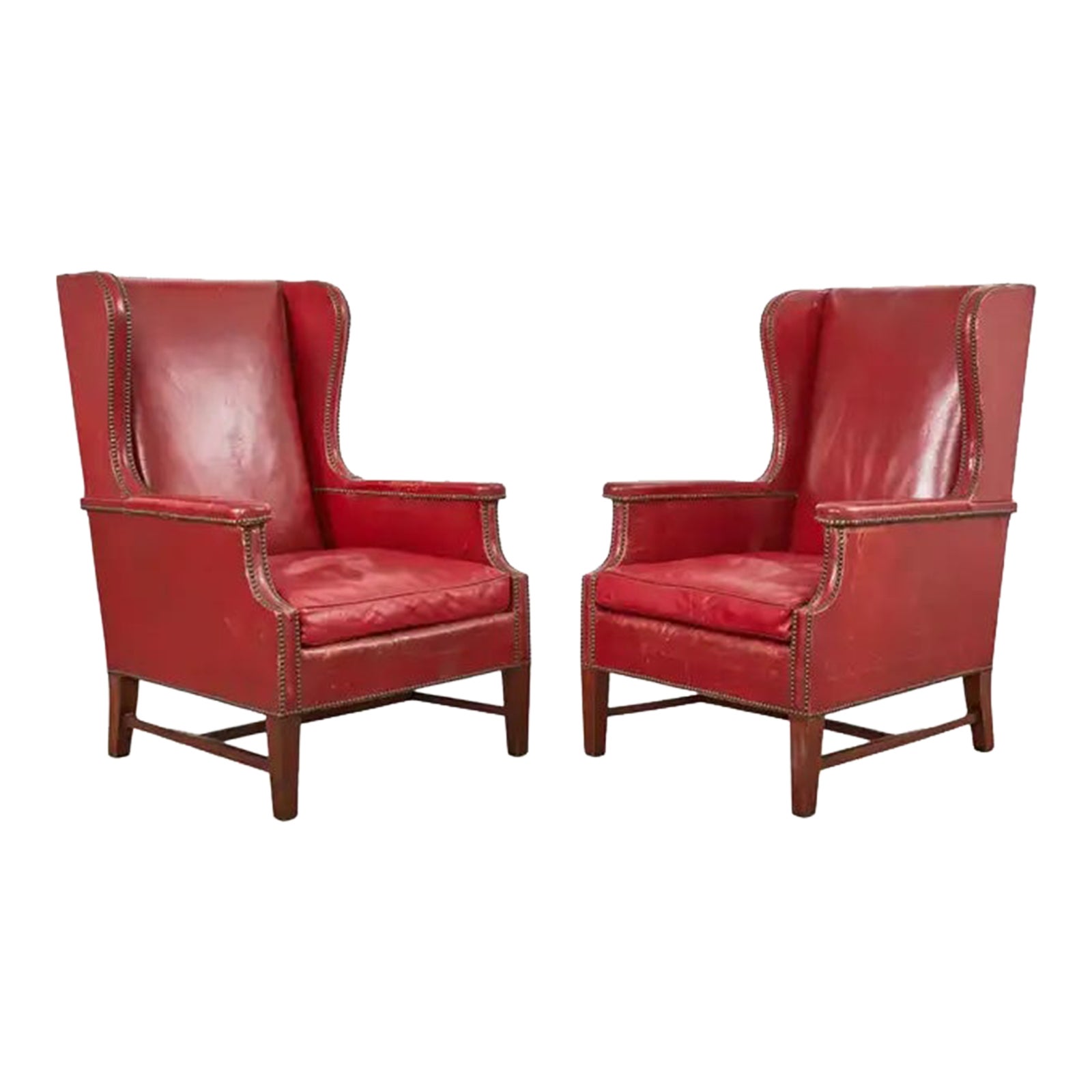 Pair of French Art Deco Cherry Leather Wingback Chairs | Chairish