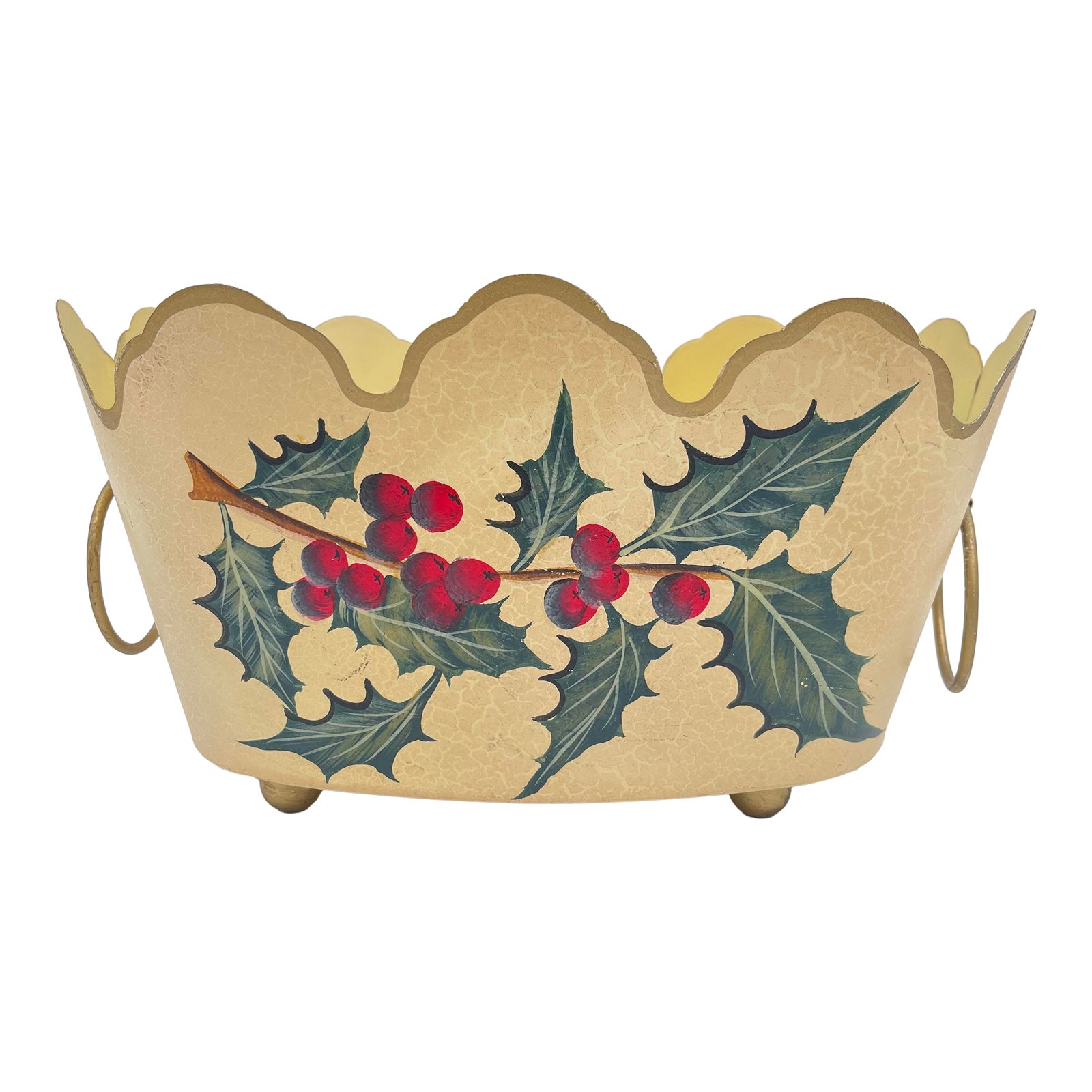 Late 20th Century Monteith Style Tole Holly Design Scalloped Cachepot ...