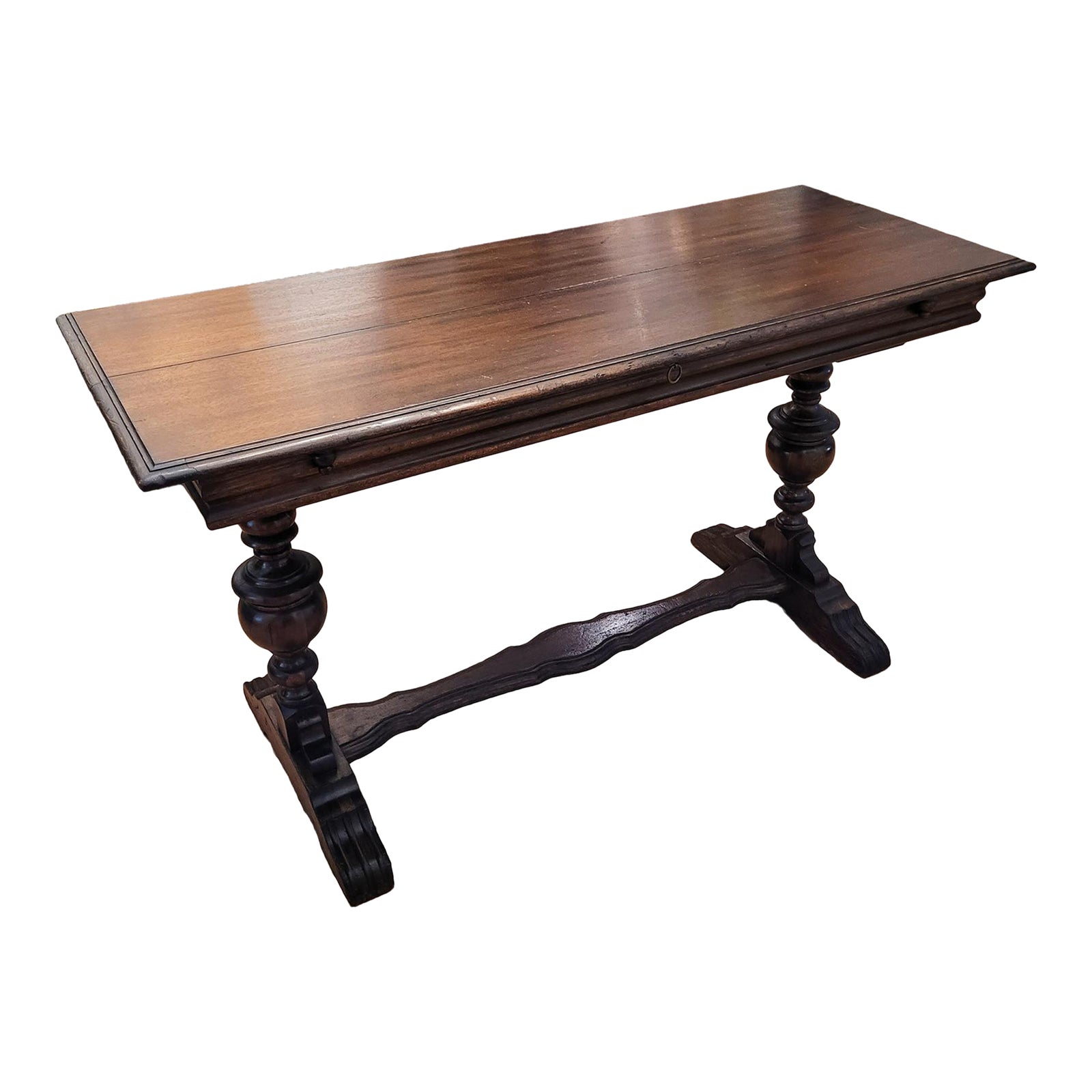 C. 1920s American Jacobean Carved Walnut Library Table W/ Built-In Leaf ...