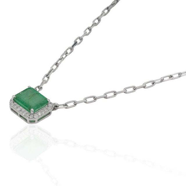 2.06 Ct Octagon Cut Emerald & Diamond Pendant Necklace in 925 Sterling ...