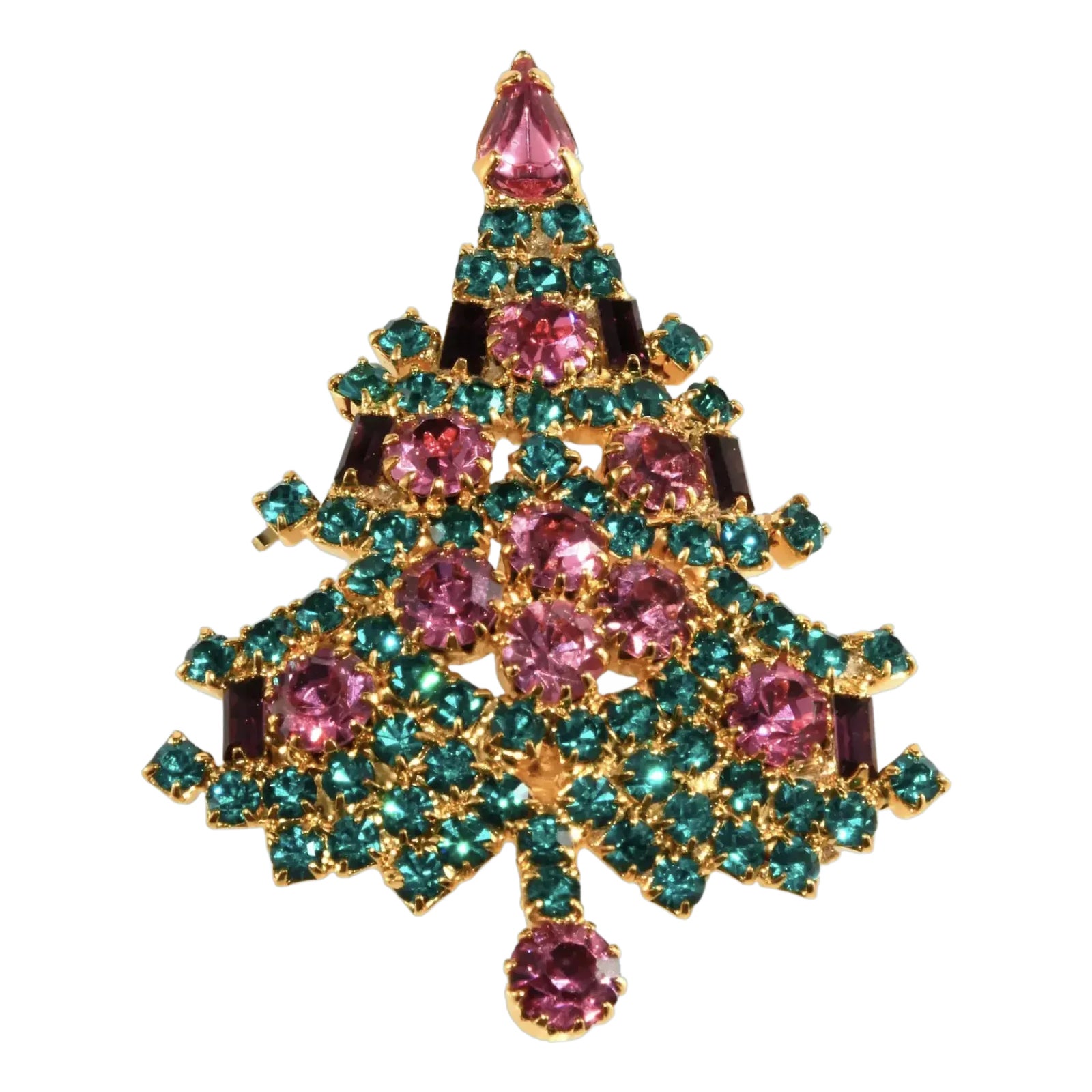 Vintage Dominique Christmas Tree Pin Pink Teal & Purple Rhinestones ...