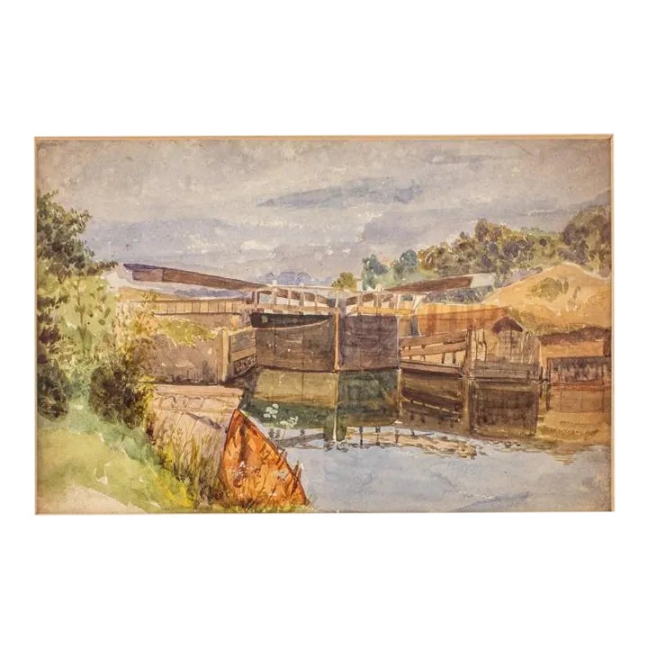 h.e. "Old Windsor Lock" Watercolor on Paper, 1870 | Chairish