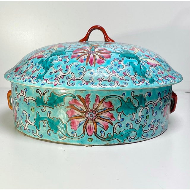 Mid 20th Century Turquoise Famille Rose Mun Shou Lidded Tureen | Chairish