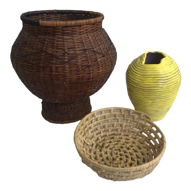 Vintage Natural Woven Bamboo Rattan Wicker Planter Basket | Chairish