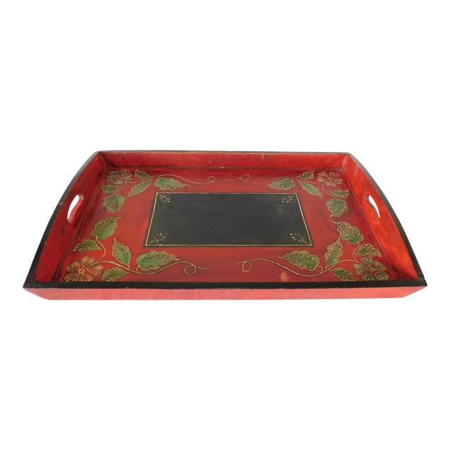 Large Vintage Hand Painted Red & Black Wooden Serving Tray With Handles ...