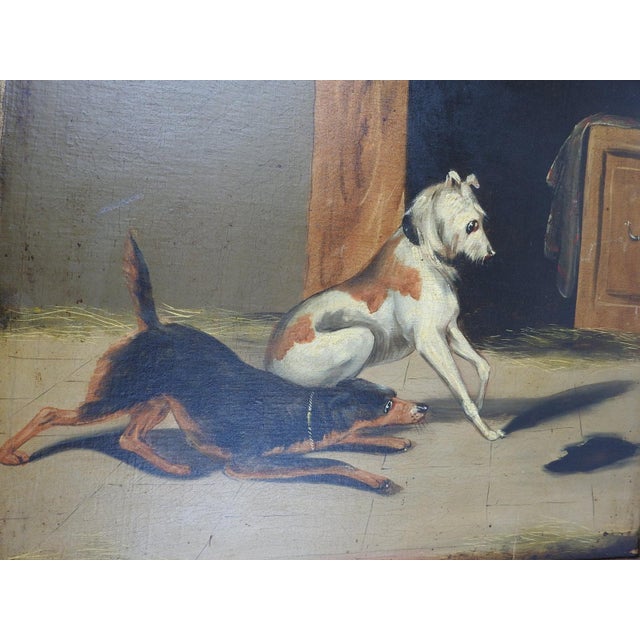 Antique Late 19th Century Dogs in Barn Painting | Chairish
