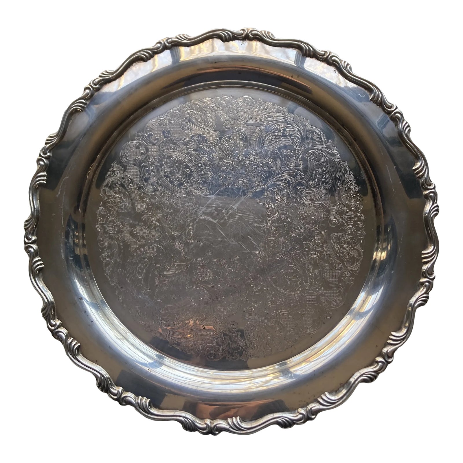 Vintage Oneida Silver Plated Round Serving Tray | Chairish