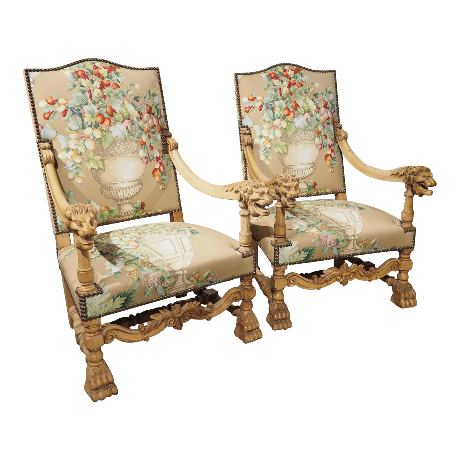 Pair of French Louis XIV Style Bleached Walnut and Floral Armchairs ...