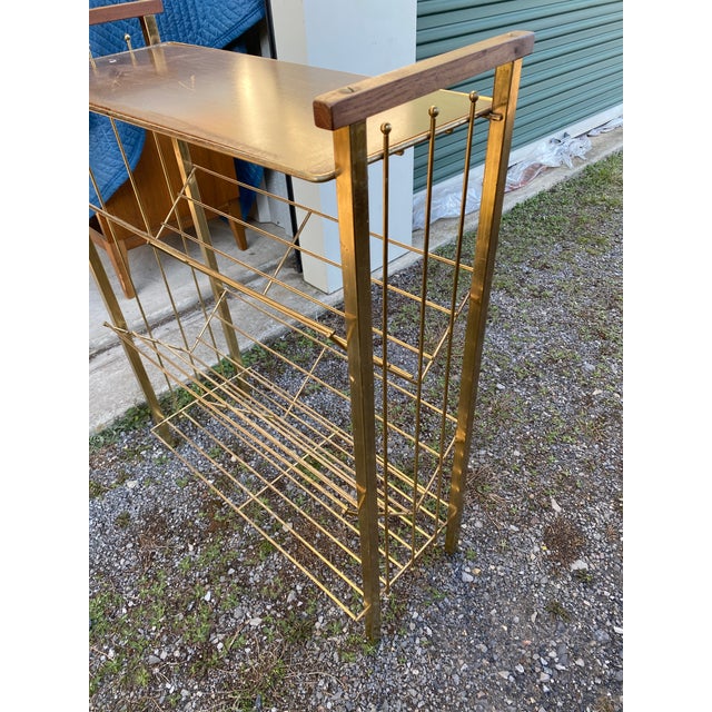 1960s Vintage Brass Wire Stand Walnut Handle Bookstand Rack | Chairish