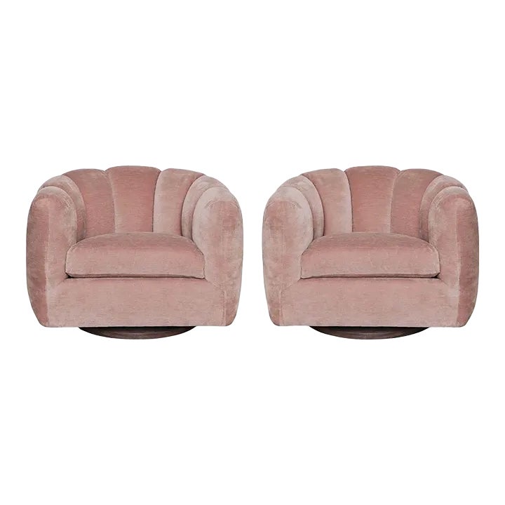 Blush Pink Channel Back Swivel Chairs in the Style of Milo Baughman - A ...