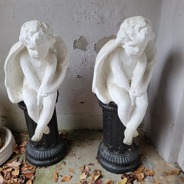 Vintage Concrete White Angels Putti Statues on Black Columns - a Pair ...