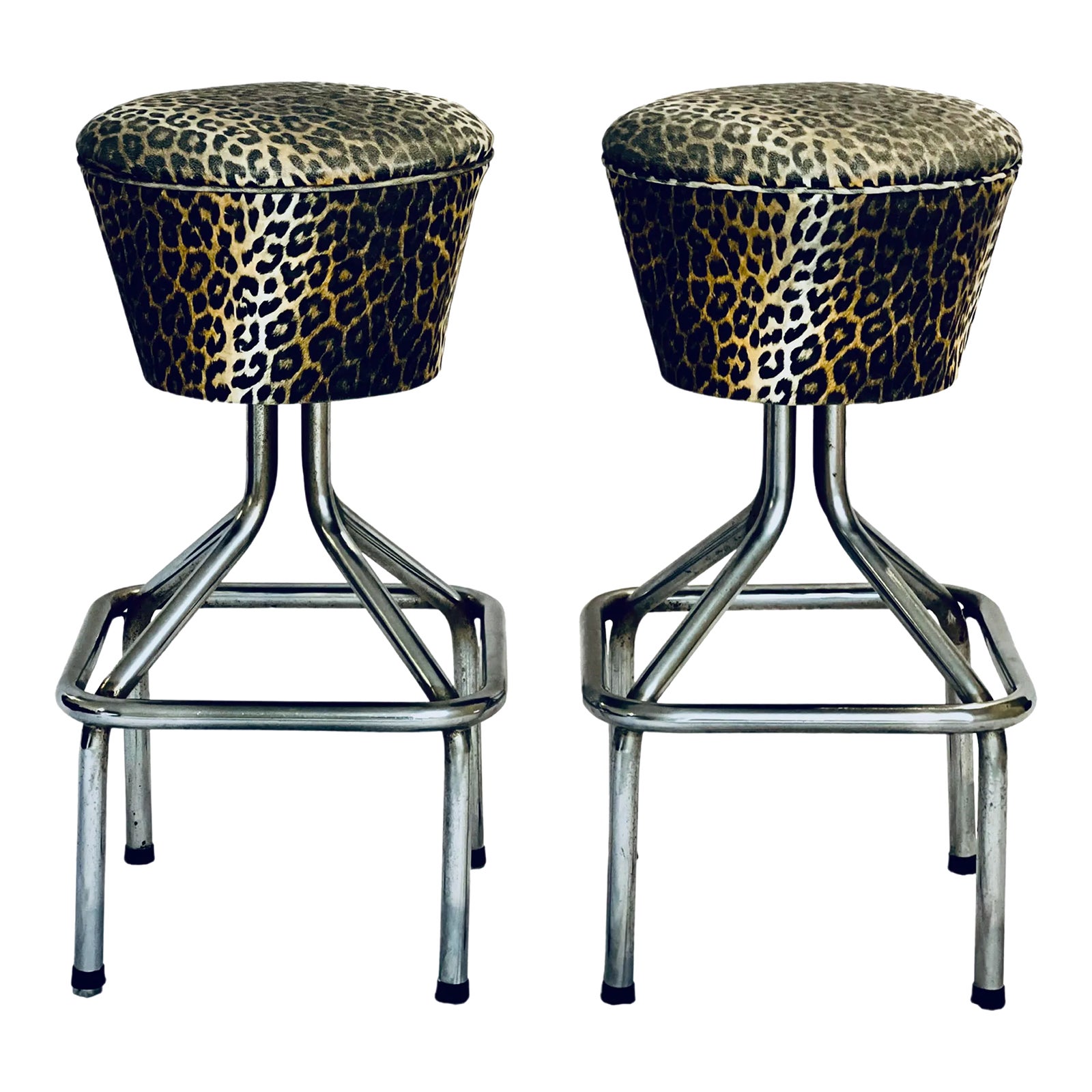 Mid 20th Century Chrome Faux Leopard Swivel Bar Stools, a Pair | Chairish