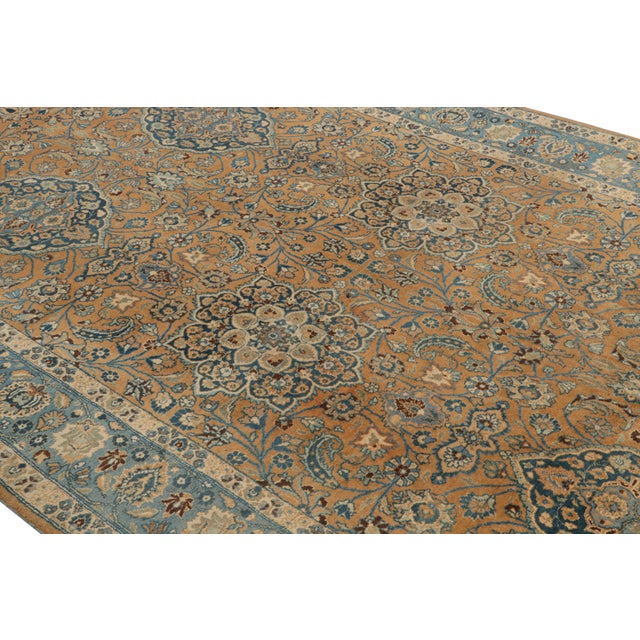 Hand-Knotted Antique Mashad Rug in Beige-Brown and Blue Floral Pattern ...