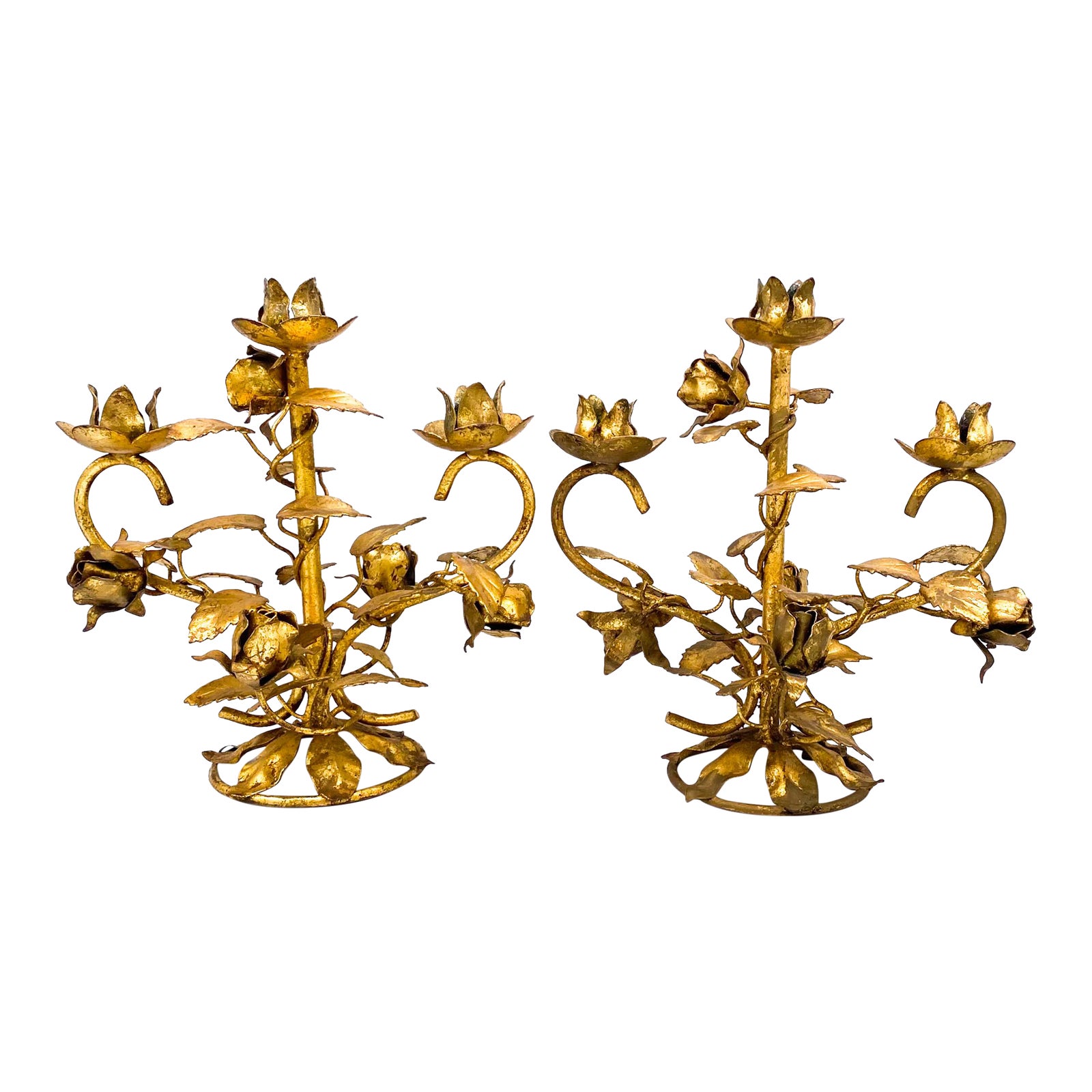 Mid Century Italian Gold Gilt Rose Flower Candelabras - a Pair | Chairish