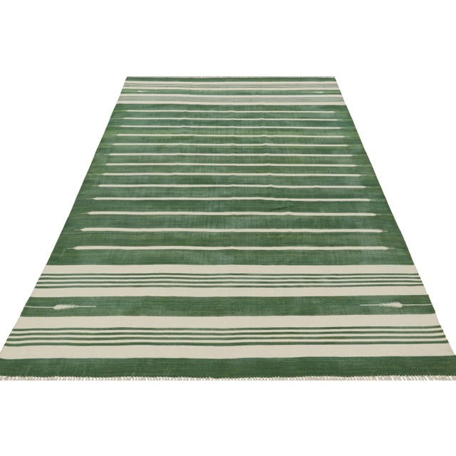 Rug & Kilim’s Contemporary Dhurrie Rug in Green and Off-White Stripes ...