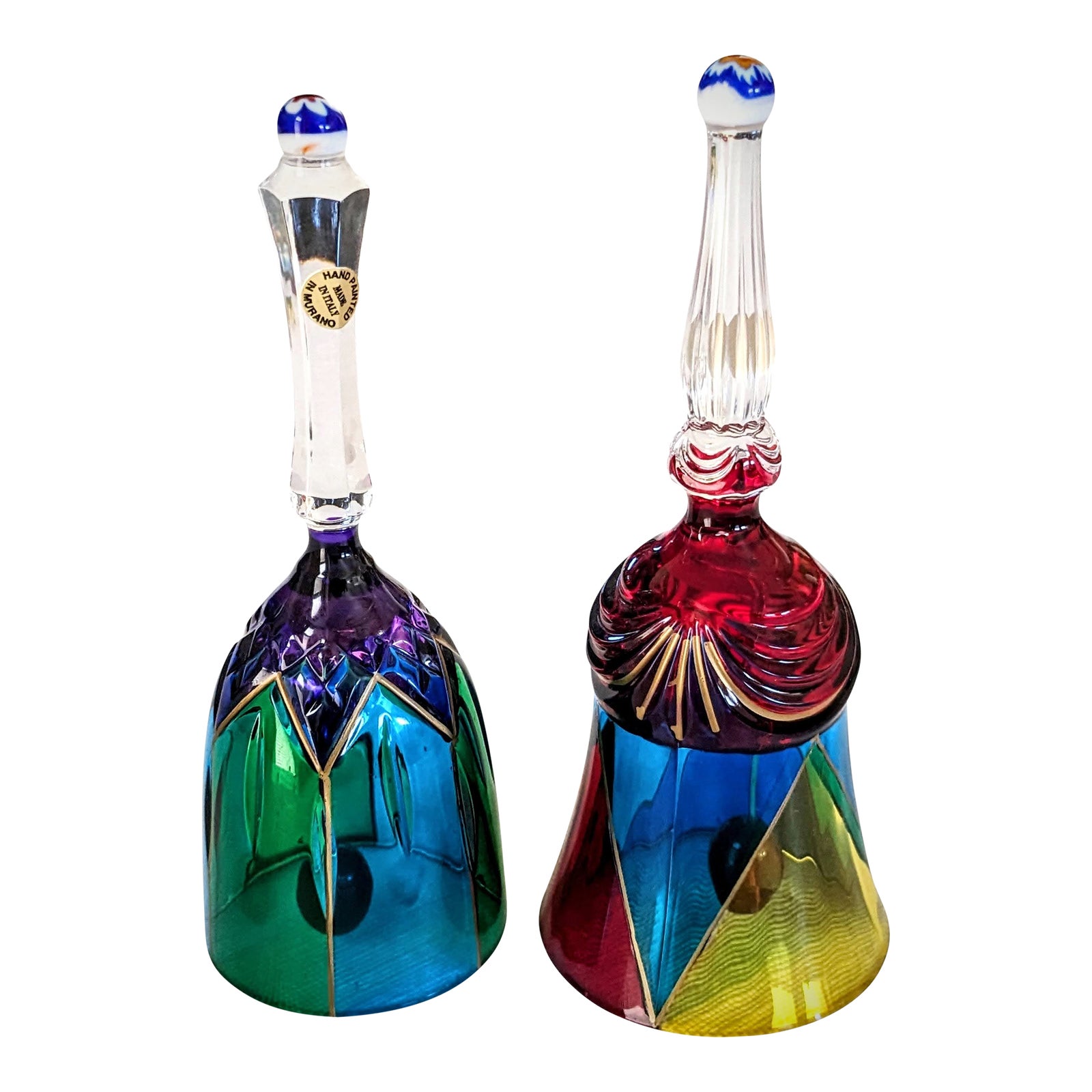 1950s Vintage Hand Painted Murano Glass Venezia Bells - Set of 2 | Chairish