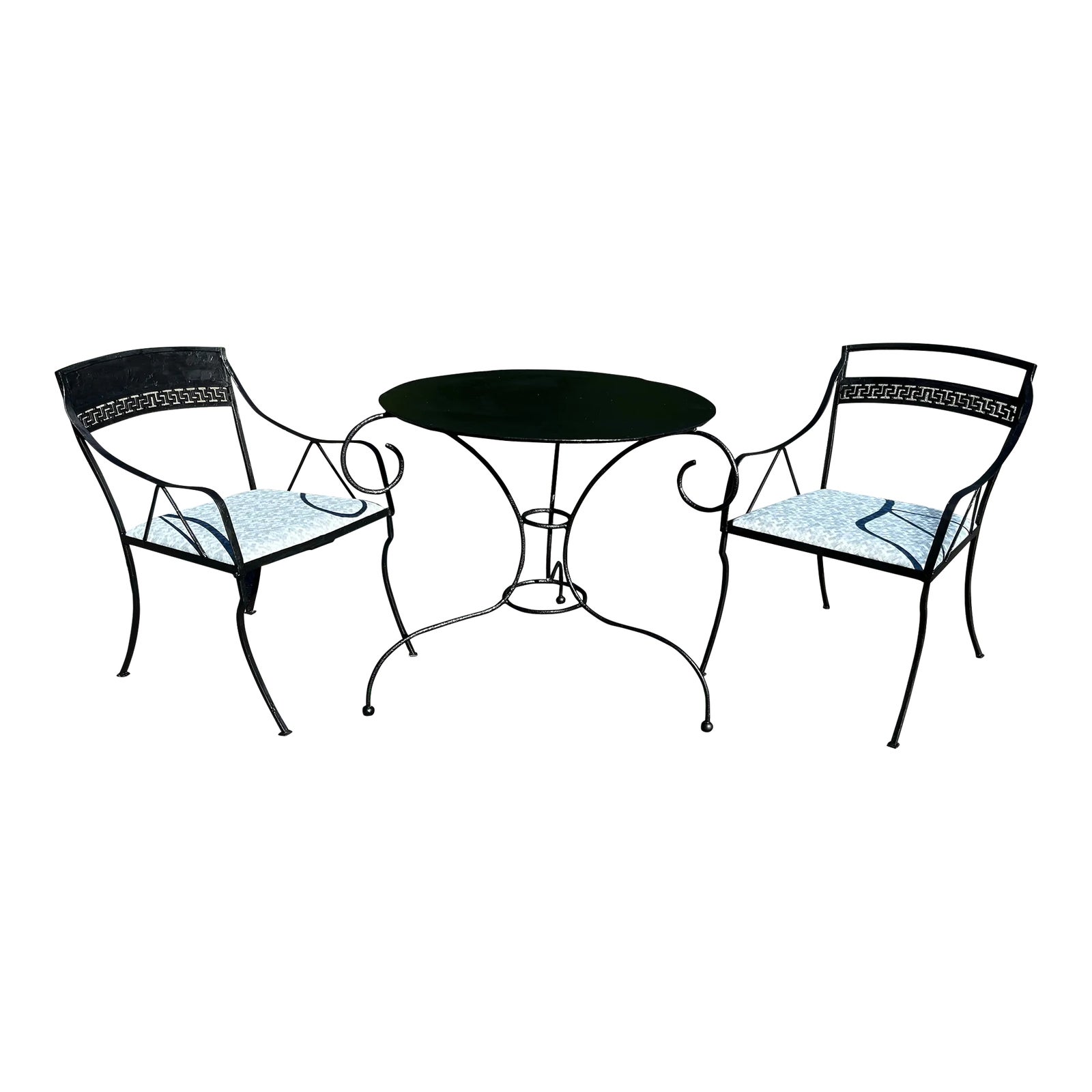 Antique Iron Greek Key Chairs and Table | Chairish