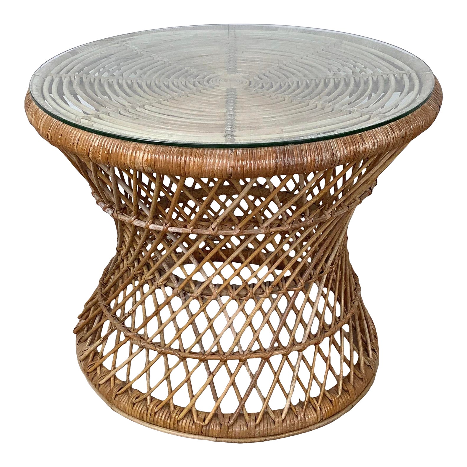 Vintage Woven Rattan Drum Table With Glass Top | Chairish