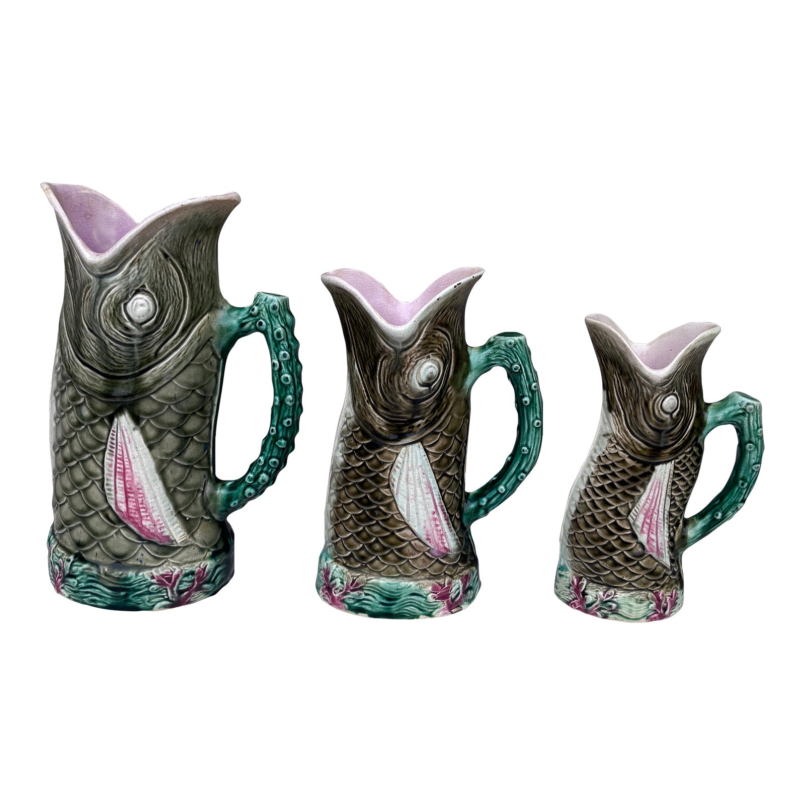 19th Century Majolica Set of 3 Graduated Fish Pitchers | Chairish