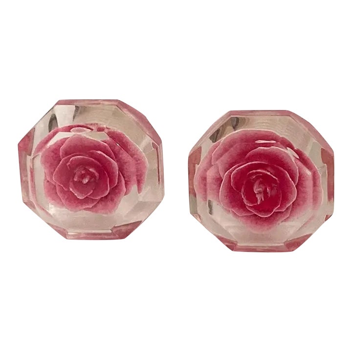 !960s Rose Embedded Lucite Knobs - a Pair | Chairish