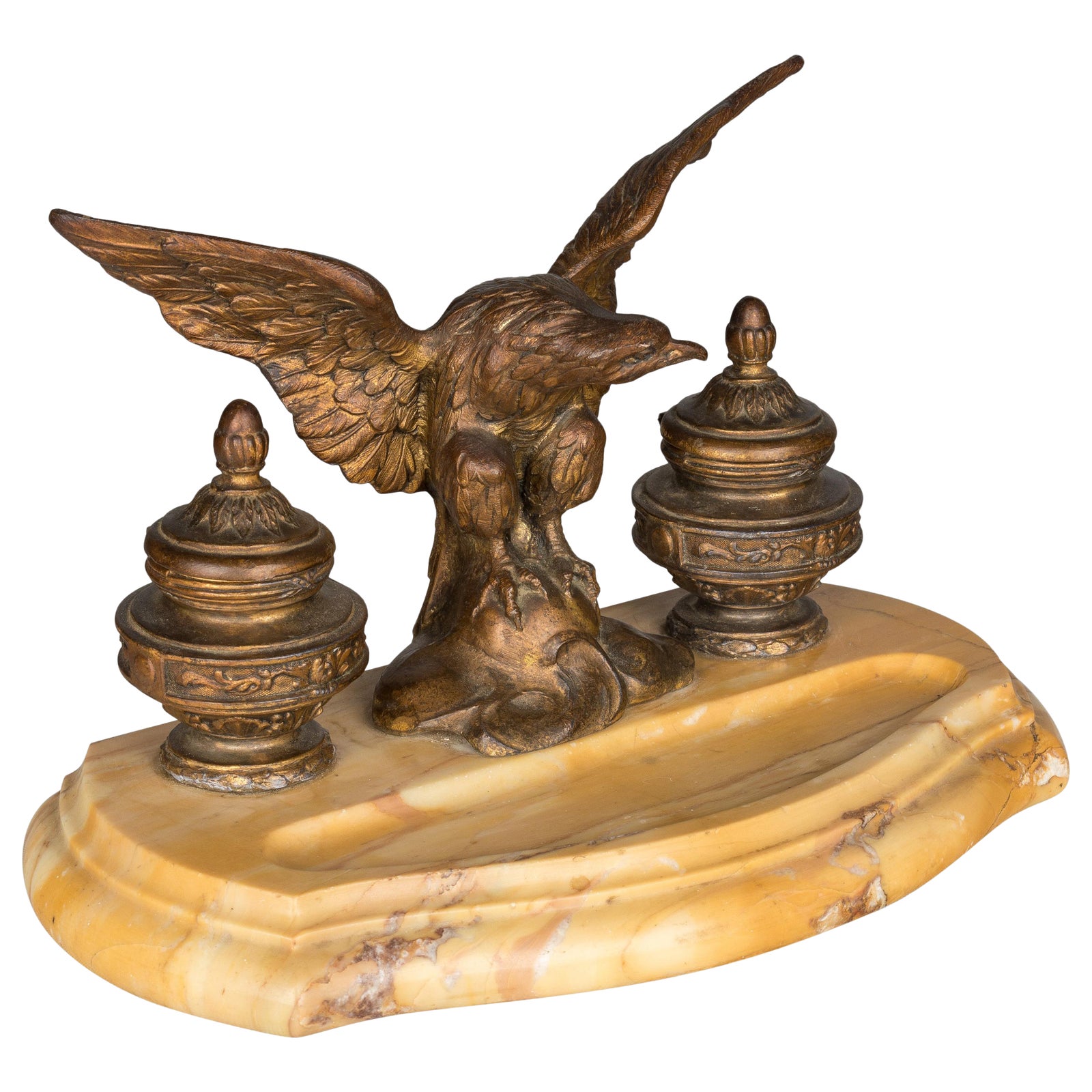 19th Century French Marble Inkwell With Bronze Eagle | Chairish