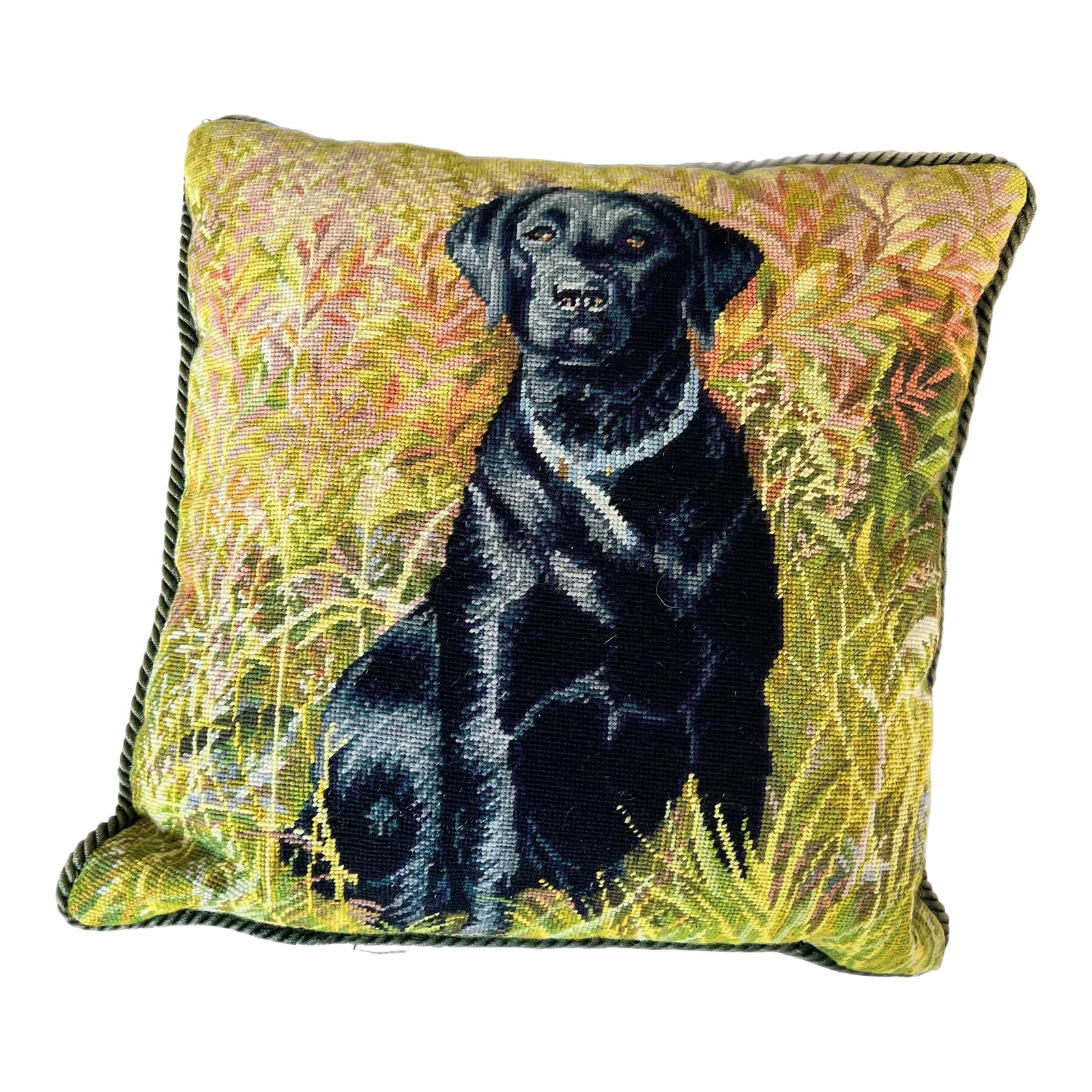 Vintage Needlepoint Black Labrador Retriever Pillow | Chairish
