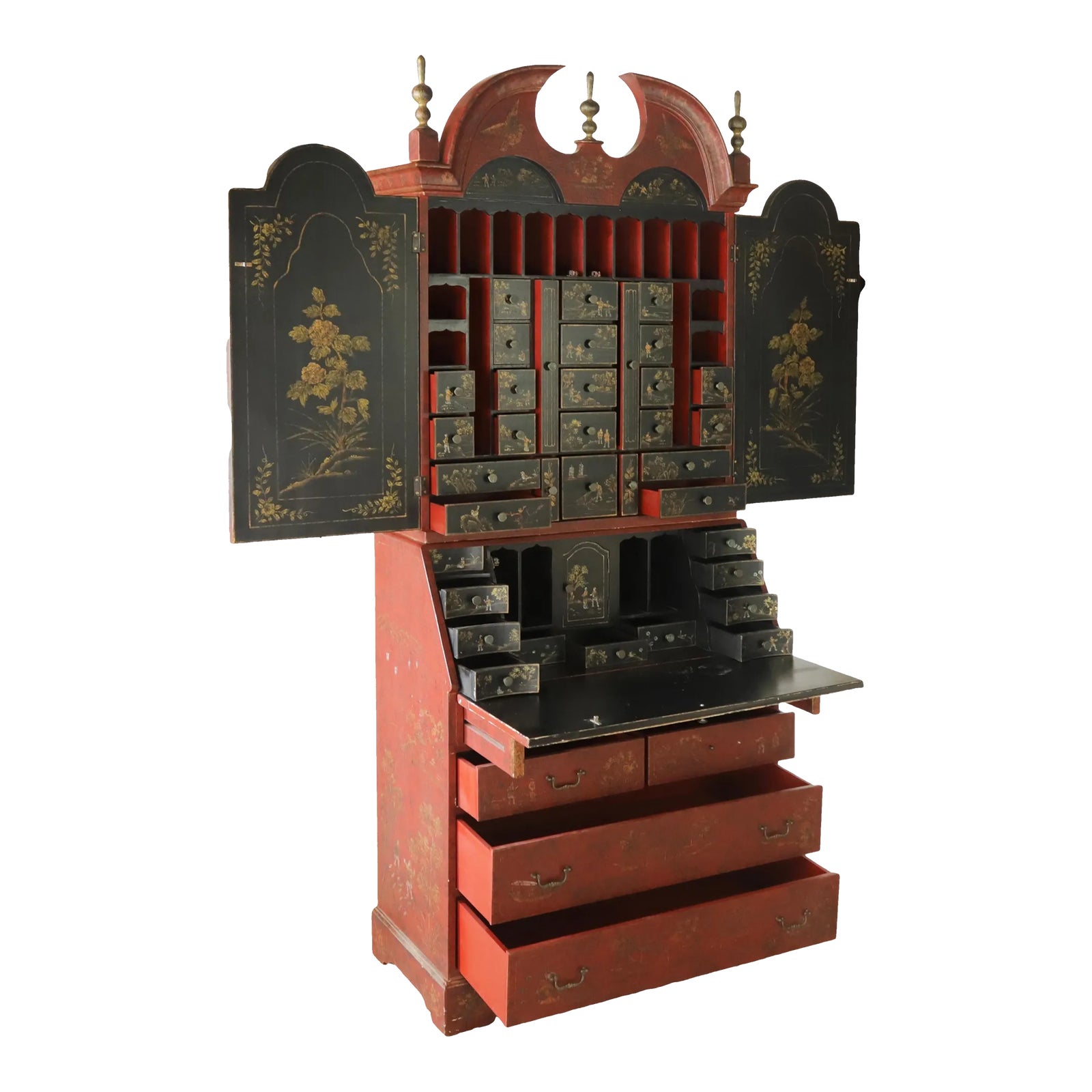 Vintage Chinoiseries Red Hand-Painted Secretary Cabinet | Chairish