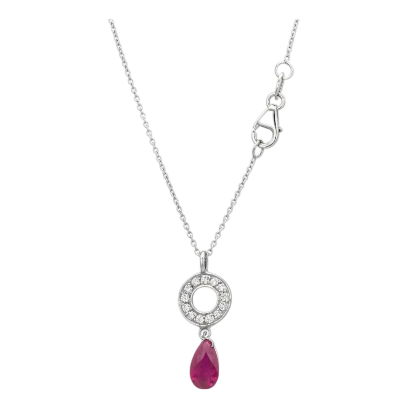 14k White Gold Ruby Briolette and Diamond Circle Drop Necklace | Chairish