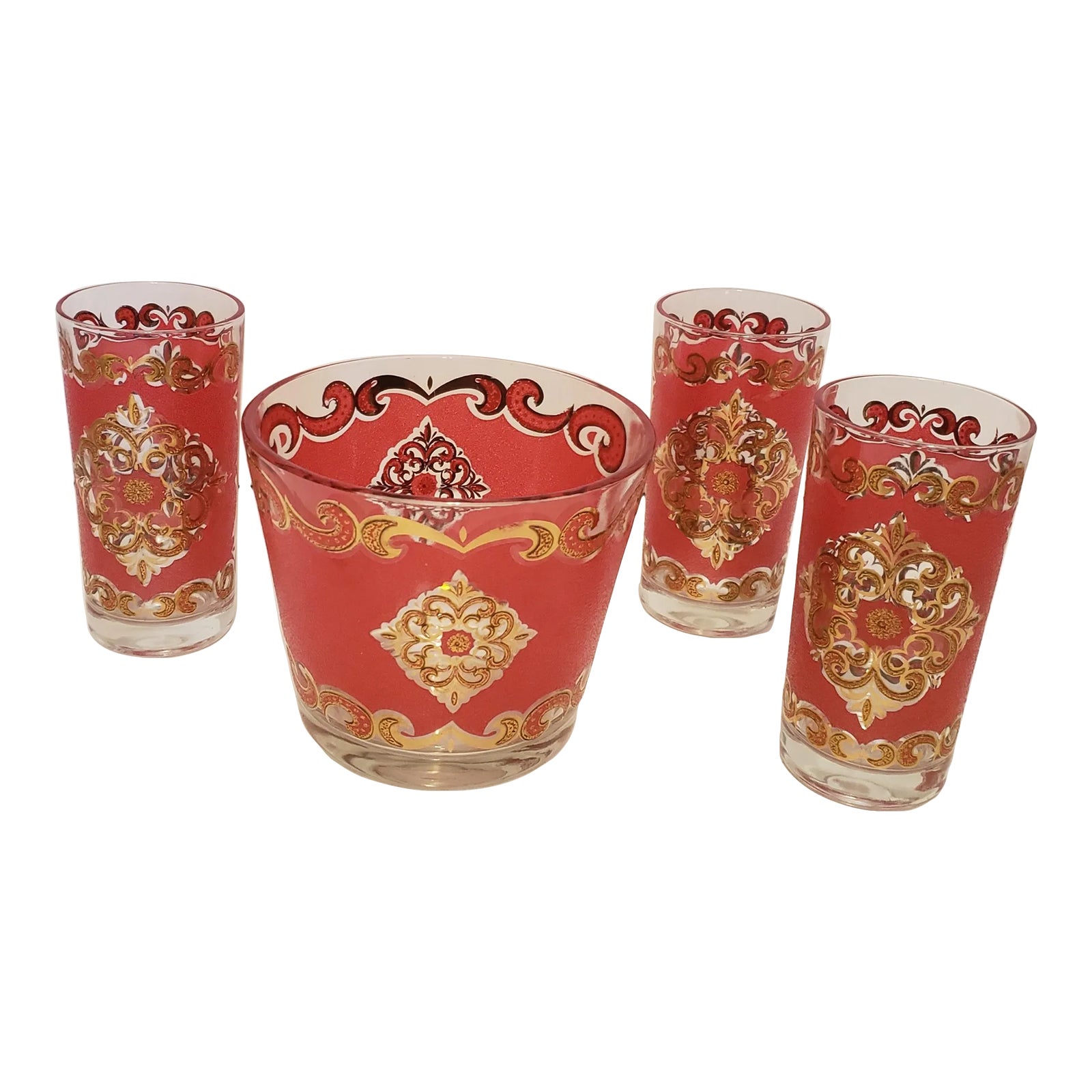 Mid-Century Modern Libby Starlyte Red & Gold Medallion Ice Bucket Bin ...