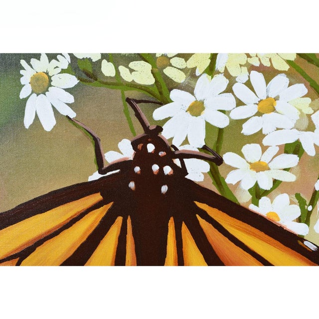 Collins Green and White Flower With Monarch Butterfly Painting | Chairish