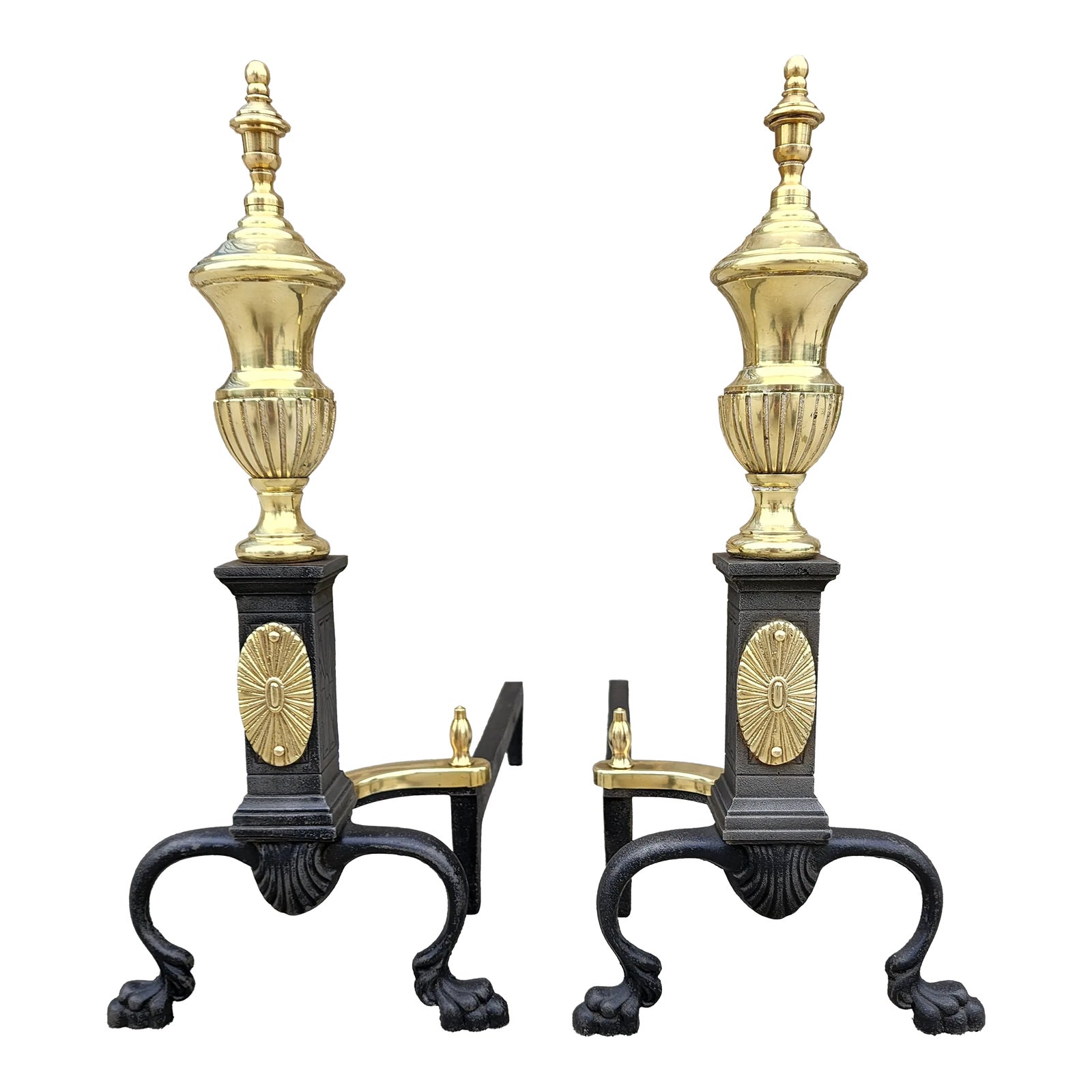 Vintage Colonial Style Brass & Cast Iron Andirons-A Pair | Chairish