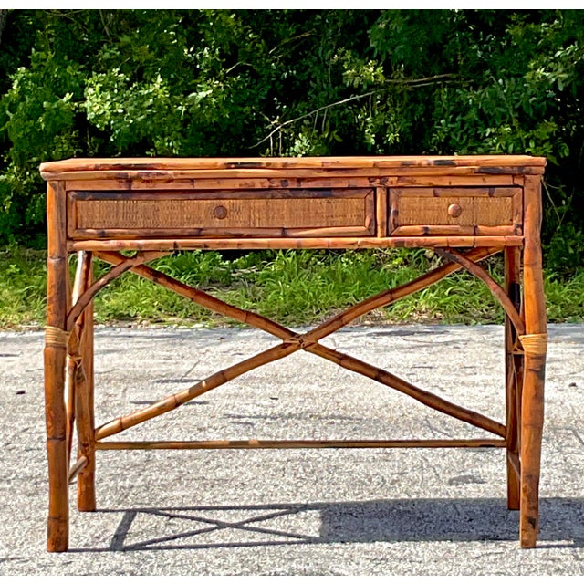Vintage Coastal Bamboo Writing Desk | Chairish