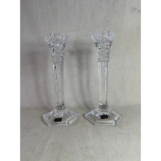 Vintage Pair of Crystal Taper Candlestick Holders | Chairish