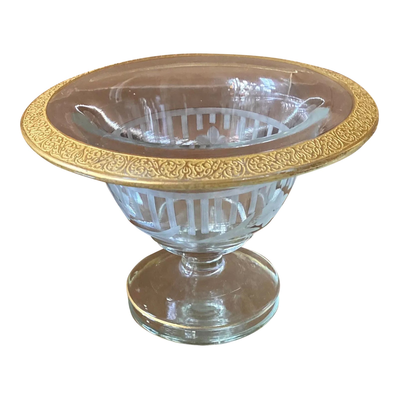 1920s Cut Glass Footed Compote Dish With Chased Gold Florentine Trim ...