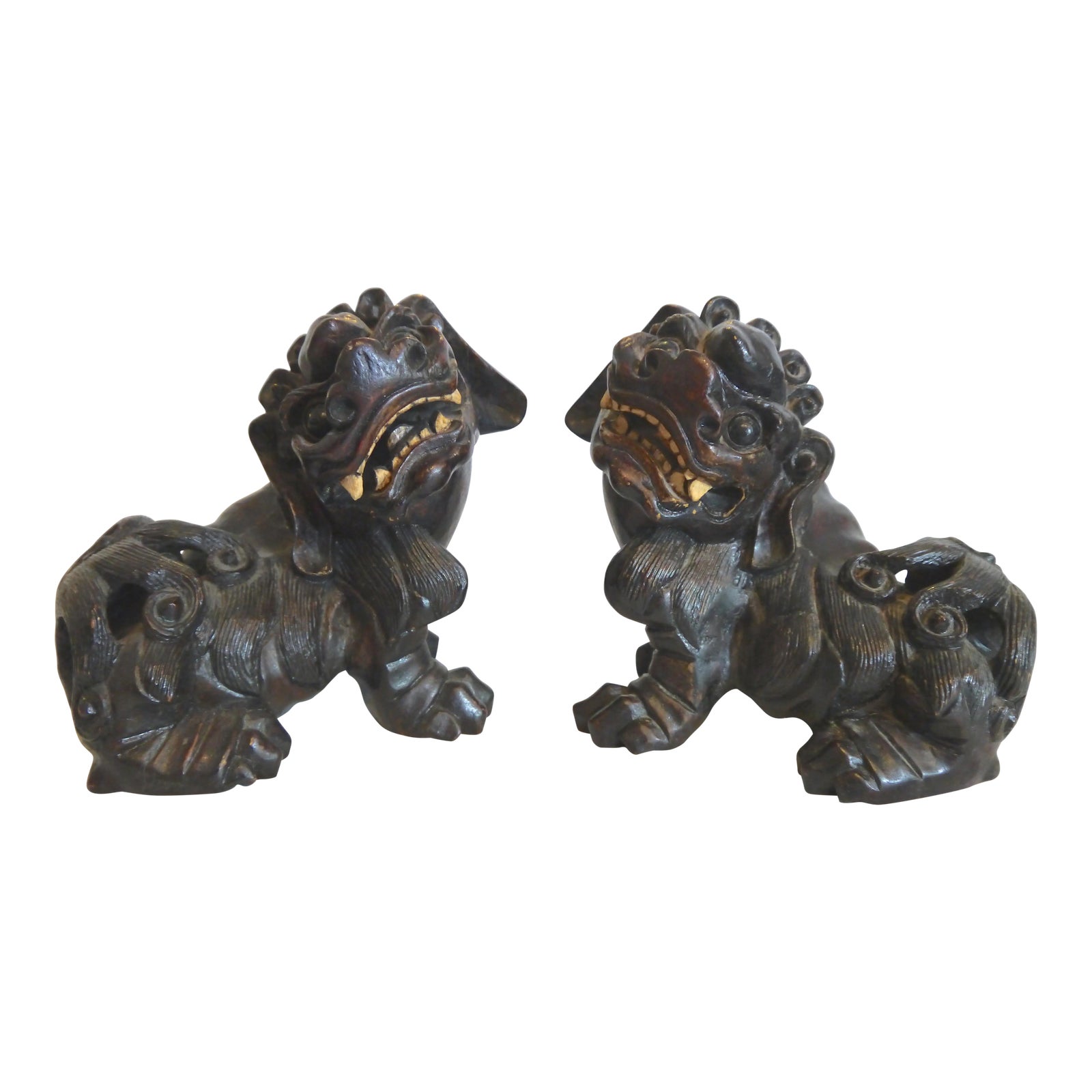 Hand Carved Wooden Foo Dogs- a Pair | Chairish