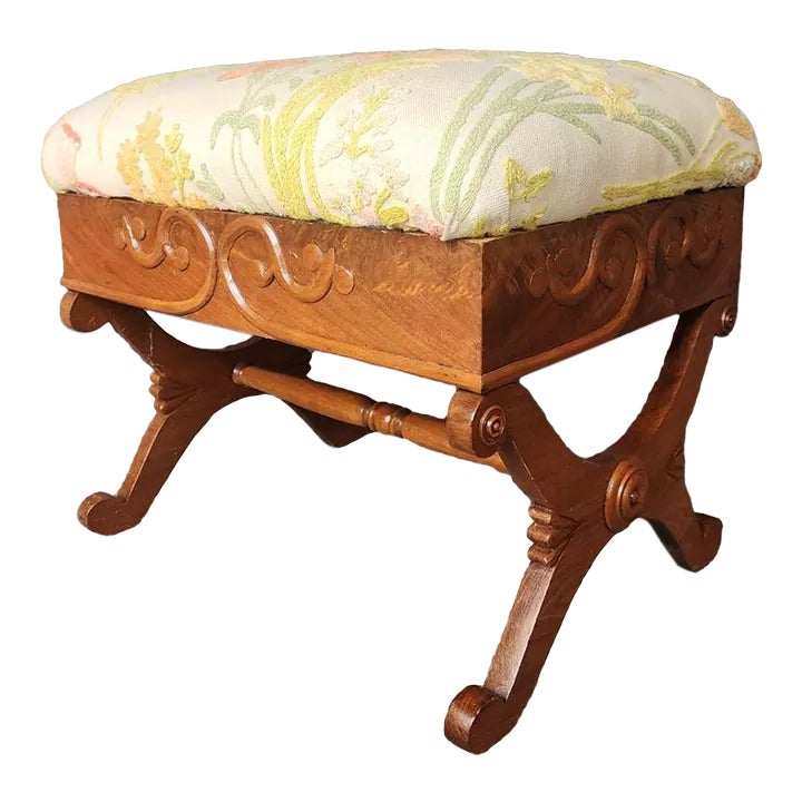 Mid 20th Century X-Base Stool Ottoman Crewel Textile Upholstery | Chairish