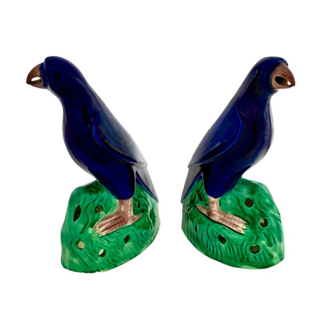 Vintage Chinese Parrot Bird Pair Dark Blue Glazed Porcelain Figurines ...
