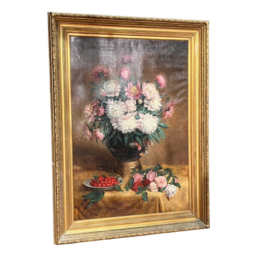 Floral Still Life, 1891, Large Oil on Canvas | Chairish