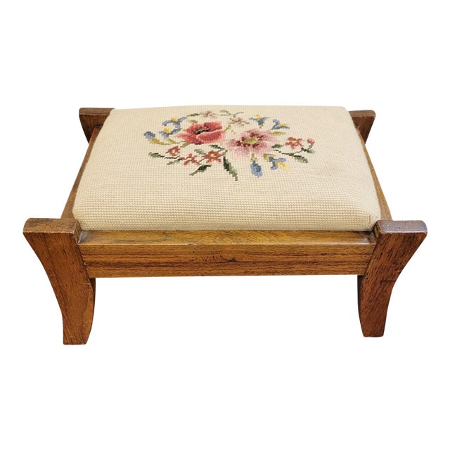 Arts and Crafts Wood Footstool With Needlepoint | Chairish