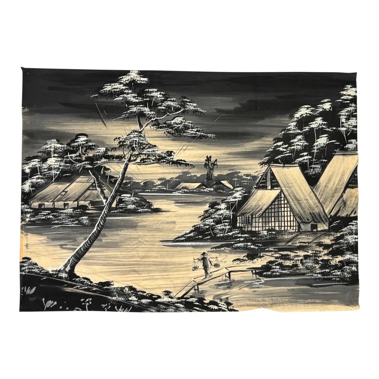 Mid 20th Century Original Vintage Vietnamese River Scene Painting on ...