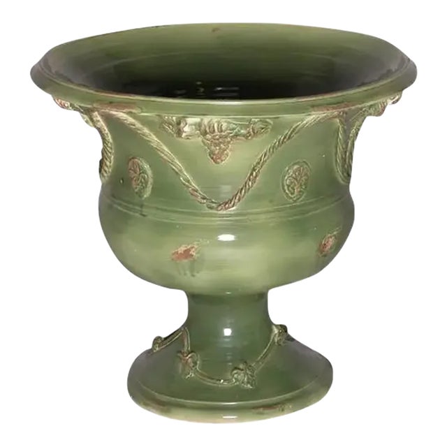 Vintage Hand-Painted Moss Green Glazed Ceramic Planter | Chairish