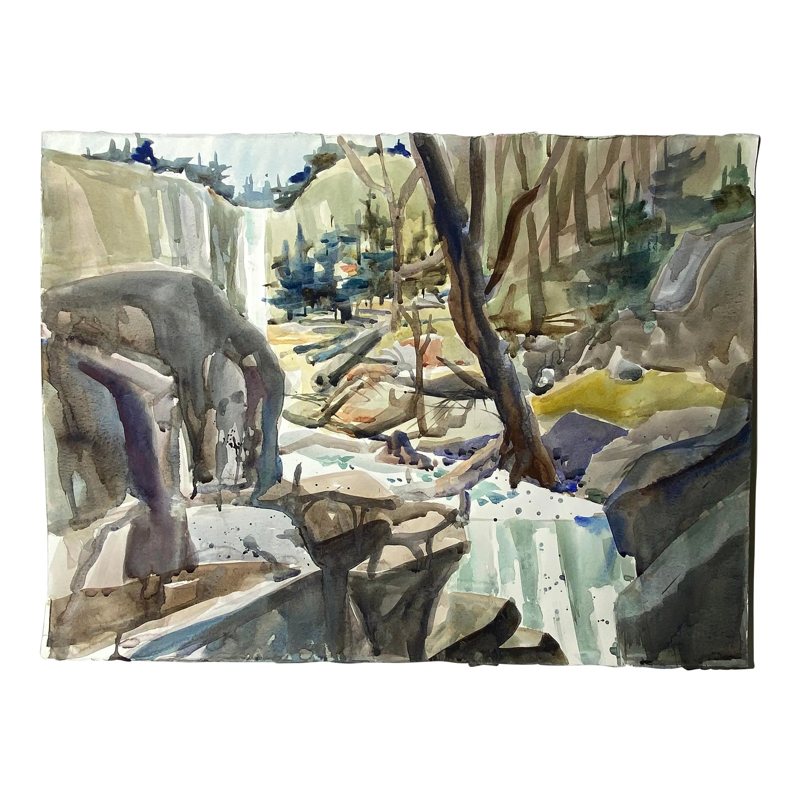 1980s Expressionist Mountain and River Landscape Original Watercolor ...