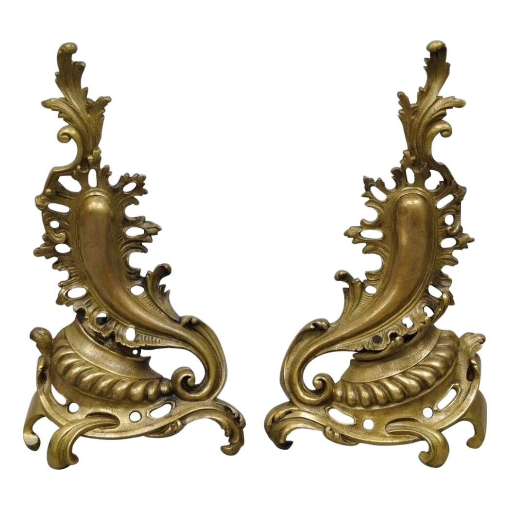 Vintage French Rococo Bronze Acanthus Leafy Scroll Fireplace Andirons ...