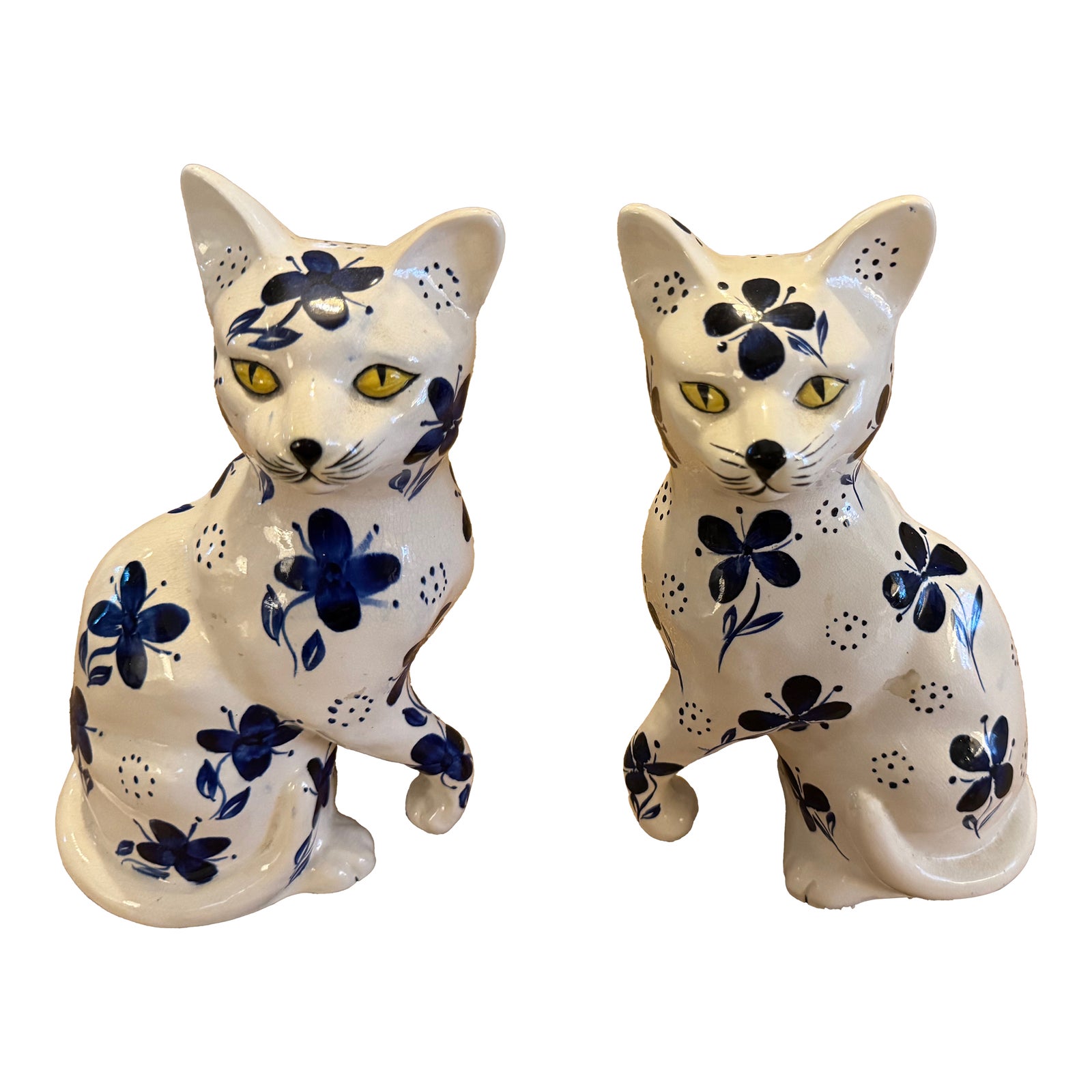 Early 20th Century Blue & White Faience Style Ceramic Cats- a Pair ...