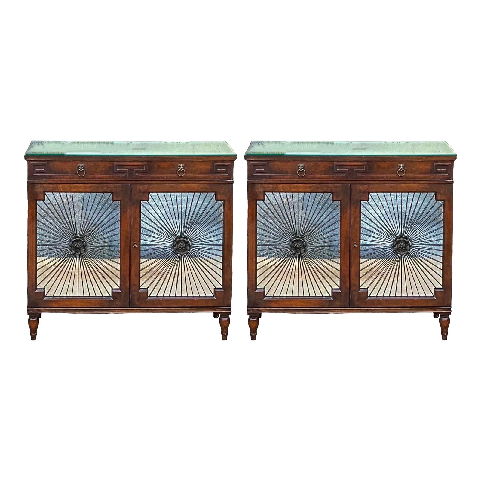 1950s Regency Style Mirrored Sunburst Mahogany Greek Key Cabinets ...