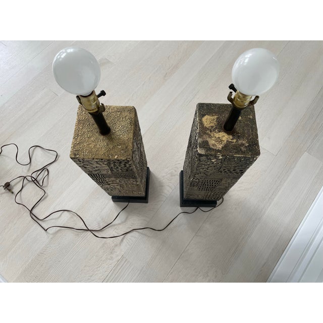 1970s Large Brutalist Gilt Carved Table Lamps in the Style of Paul Evans, a Pair | Chairish