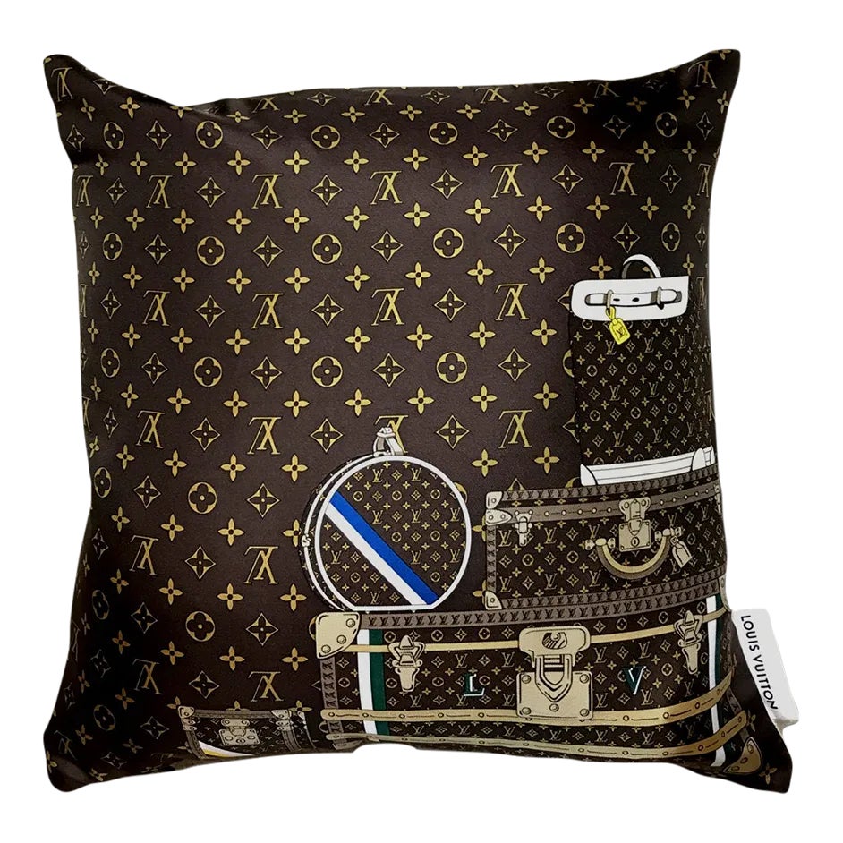 Louis Vuitton LV Monogram Luggage Vintage Silk Scarf Pillow | Chairish