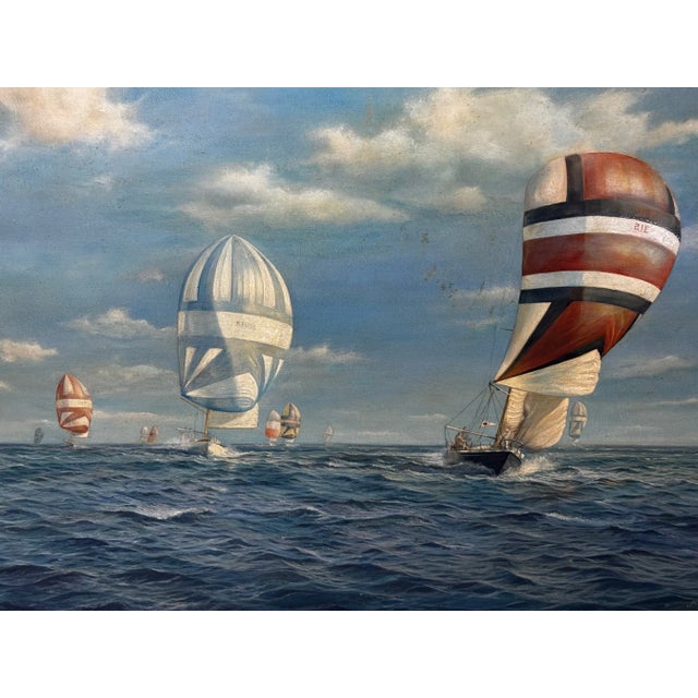 British Large Oil Painting Seascape Admirals Cup Yacht Cross Channel ...